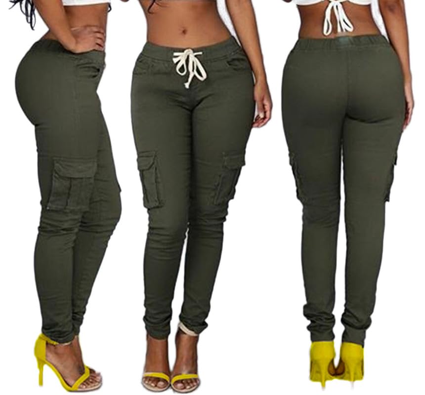 Andongnywell Womens Casual Stretch Drawstring Skinny Pants Cargo Jogger Pants High Waist Tie Butt Lift Pant with Pockets (White,X-Large)