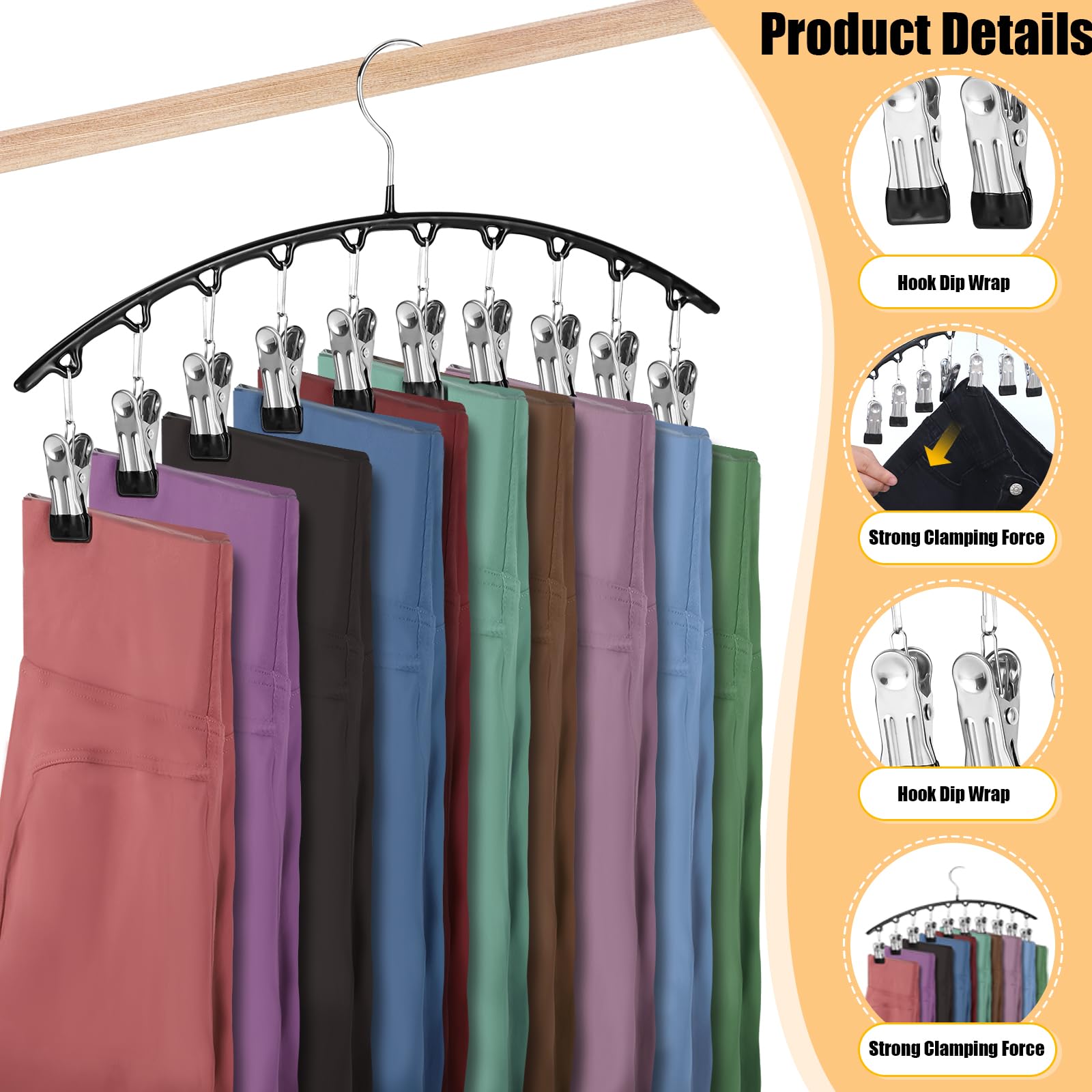 2 Pack Legging Organizer for Closet Hanging, Stainless Steel Clips Hangers for Pants with 10 Clips, Heavey Duty Legging Hangers for Closet Jeans Skirts Bras (Black)