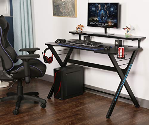 JJS 48" Home Office Gaming Computer Desk with Removable Monitor Stand, X Shaped Large Gamer Workstation PC Table with Cup Holder Headphone Hook Speaker Storage Free Mouse pad, Black