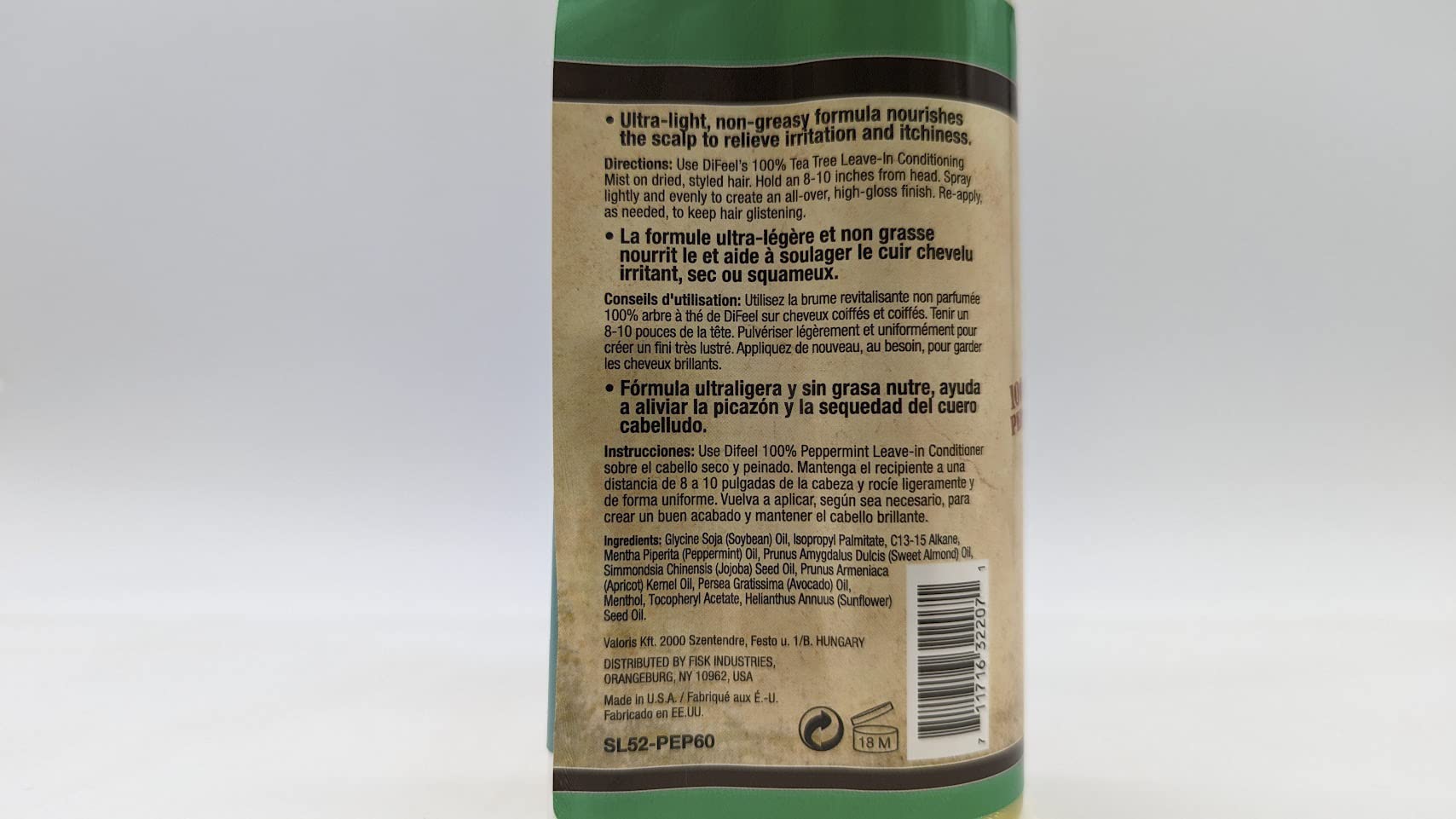 Difeel Scalp Care Leave in Conditioning Treatment - Peppermint Oil 6 oz. with Spray Cap & Dispensing Cap