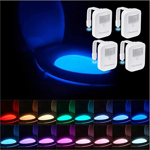 Chunace Rechargeable Toilet Night Light 4 Pack - 16-Color Motion Sensor Activated Bathroom LED Bowl Lamp - Funny Gadgets for Home Decor & Stocking Stuffers - Gag Gift Item for Men, Dad, Boys, Teens