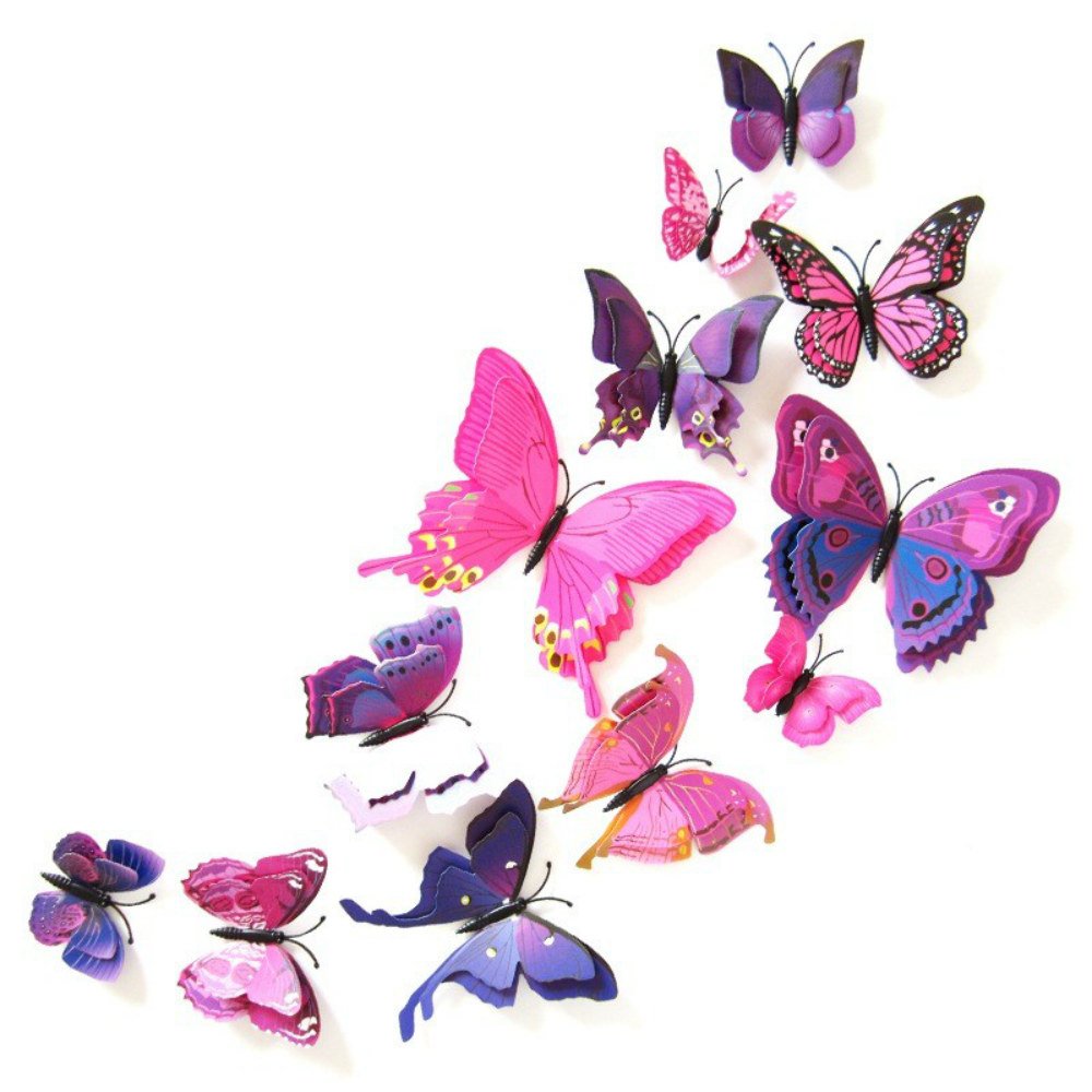 AKOAK 24 Pcs 3D Butterfly Wall Stickers, Double-Layer Wing Butterfly Art Decor Decals with Magnet and Double-Sided Adhesive for Room Home Nursery Decor,Pink/Purple