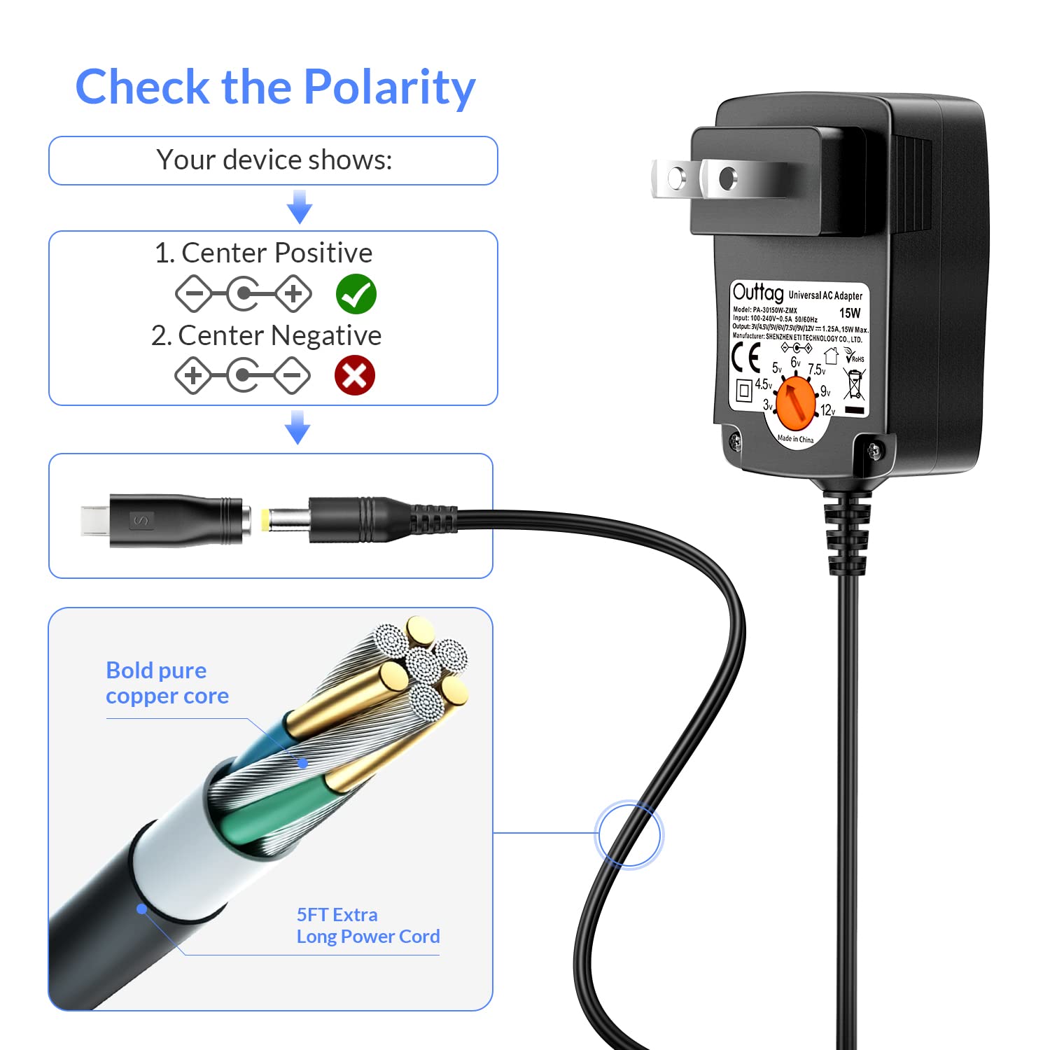 15W Universal AC Adapter 3V 4.5V 5V 6V 7.5V 9V 12V 0.5A 1A 1.25A MAX Multi Voltage Switching Power Supply Replacement for Household Electronics Routers CCTV IP Cameras Smartphone Speakers