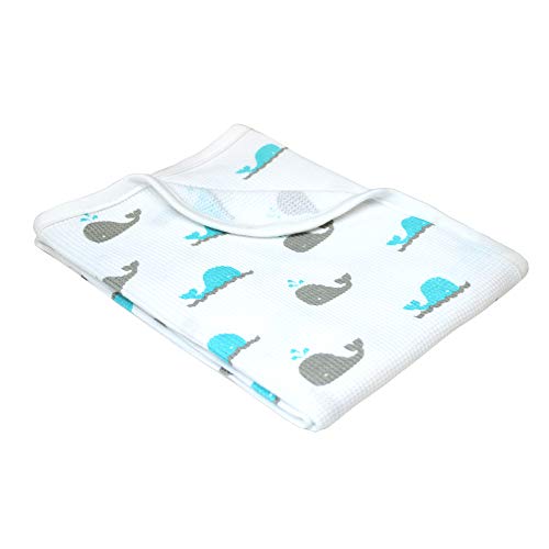 American Baby Company 100% Cotton Thermal Waffle Swaddle Blanket, Soft, Breathable & Stretchy, Aqua Whale, 30" x 40" for Boys and Girls, Perfect for Swaddling, Travel and Gifting