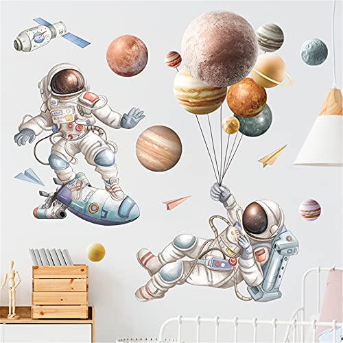 WAFT YEARN Astronaut Universe Outer Space Star Space Ship Wall Decal Removable Wall Sticker Decor for Nursery Classroom Bedroom Bathroom Boys Girls Room Playroom Colorful Peel and Stick Decals