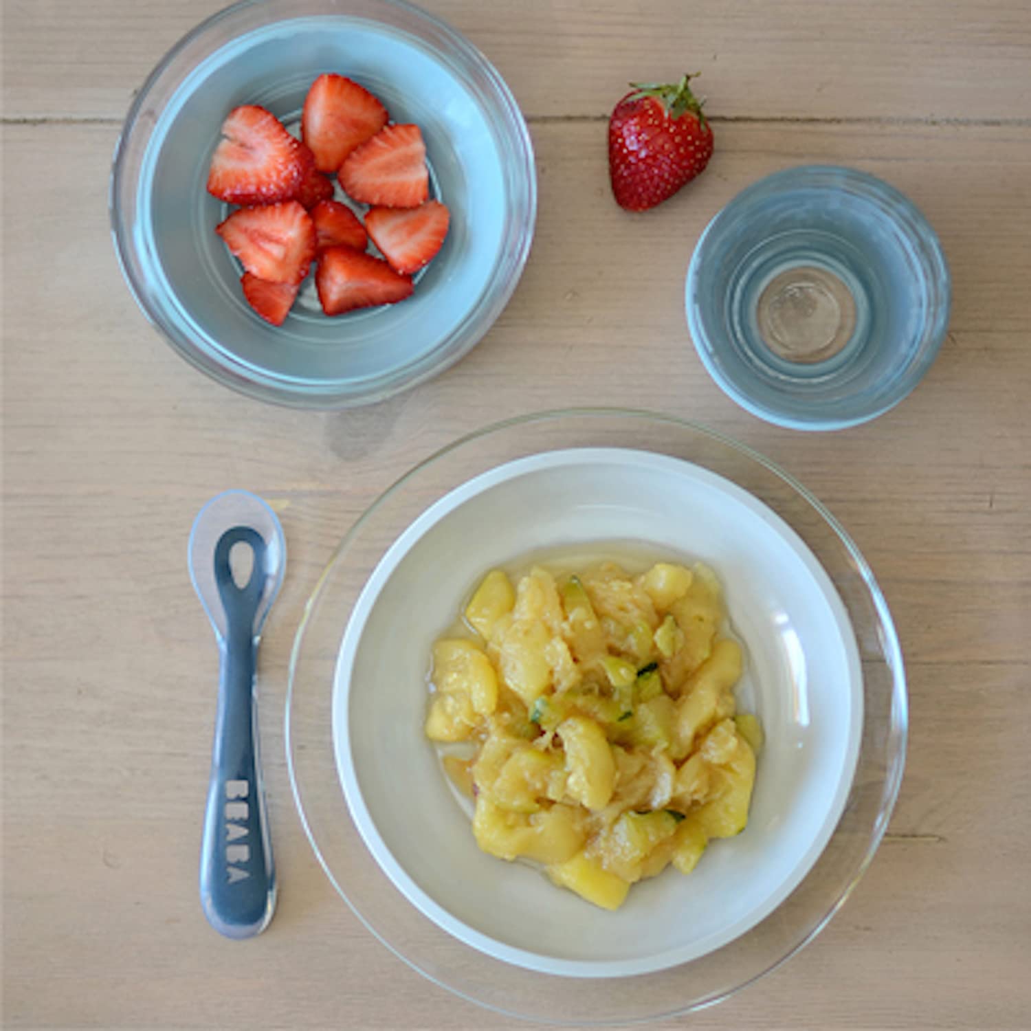 BEABA 3-Piece Duralex Glass Meal Set with Silicone Suction, Toddler Plate and Baby Bowls with Suction, Non Slip Kids Dinnerware Set, 2.5x Stronger than Regular Glass, (Rain)