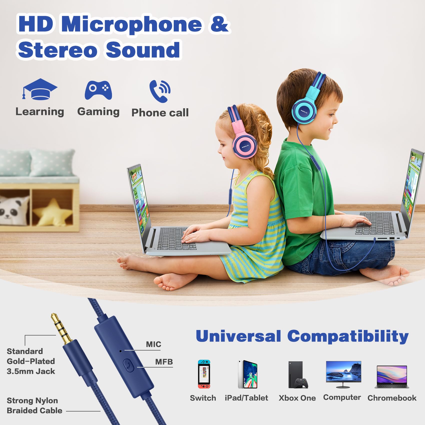 SIMOLIO 2 Pack Headphones for Kids with Mic, 75dB/85dB/94dB Safe Volume Limit, Wired School Headphones for Girls Boys Children Tablet Laptop Travel with Audio Share Function (Mint,Pink)