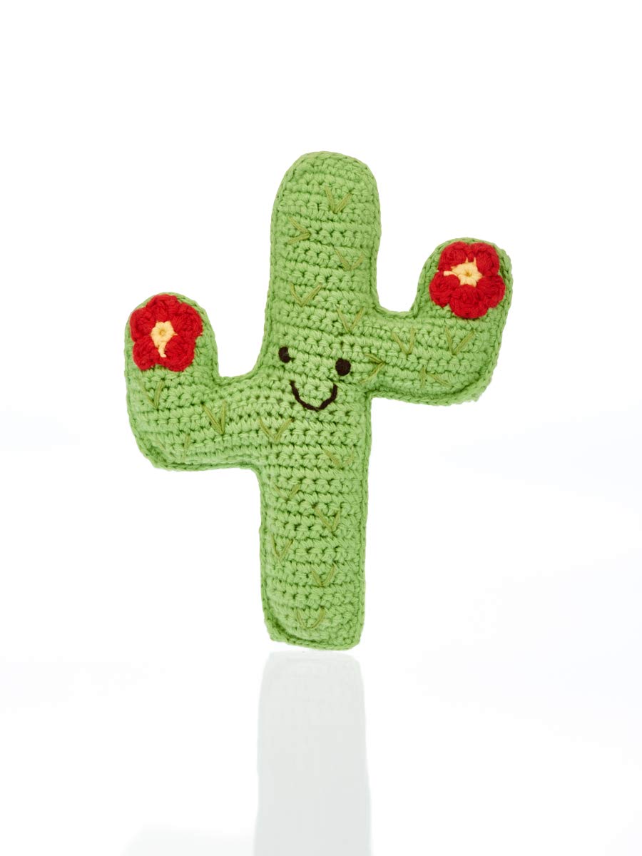Pebble 200-018BA Fair Trade Friendly Cactus Buddy Baby Rattle with Red Flowers Suitable from Birth, 7-inch Width