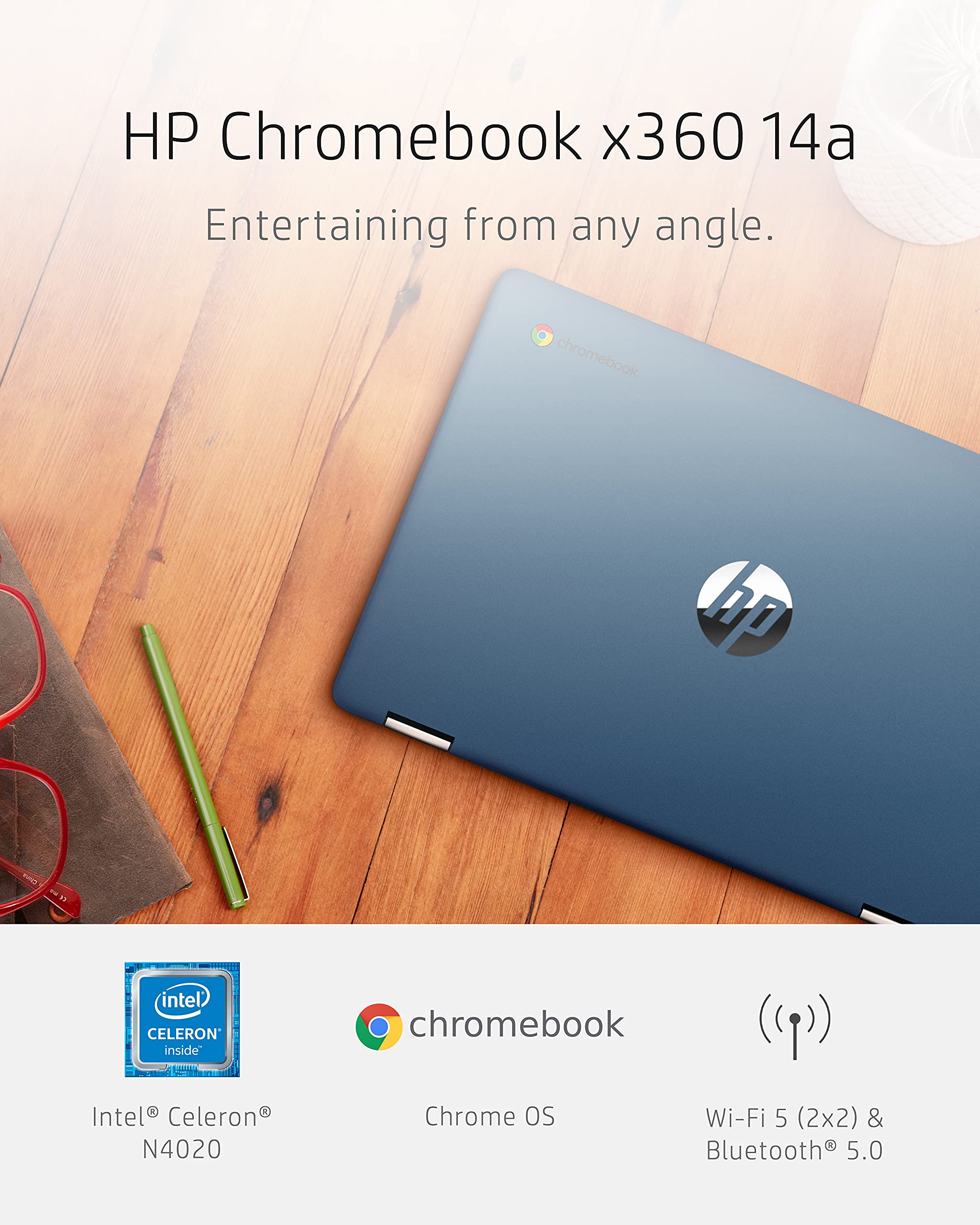 HP Chromebook 360 14a 2-in-1 Laptop, Intel Celeron Processor, 4 GB RAM, 32 GB eMMC, 14” HD (1366 x 768) Chrome OS, Webcam & Dual Mics, Work & Play with Long Battery Life (14a-ca0060nr, 2021)