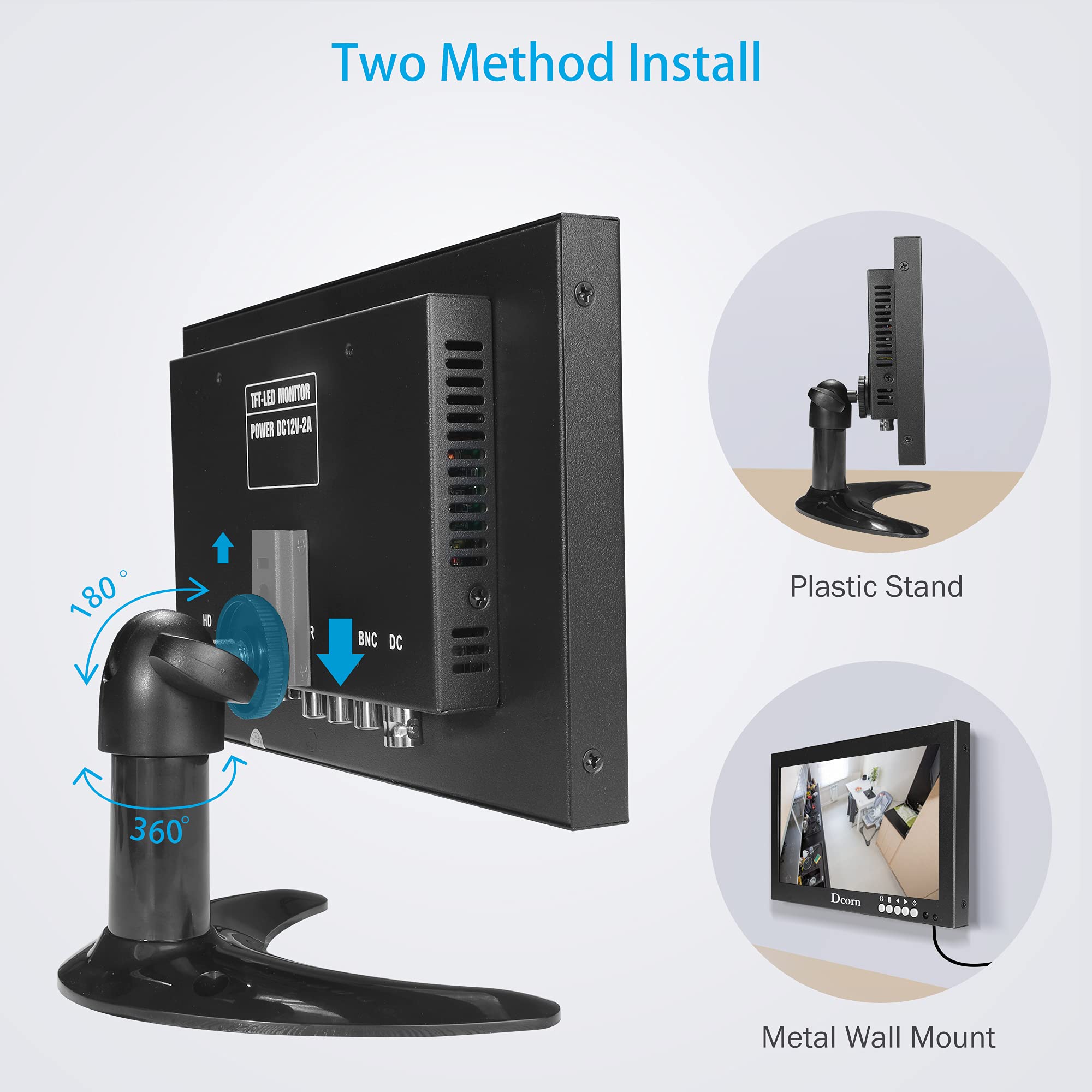 Dcorn 8 inch Mini Monitor, Small HDMI Monitor 1280x720 16:9 IPS Metal Housing Screen Support HDMI/VGA/AV/BNC Input with Wall Bracket&Remote Control,178 Full Viewing w/Speaker