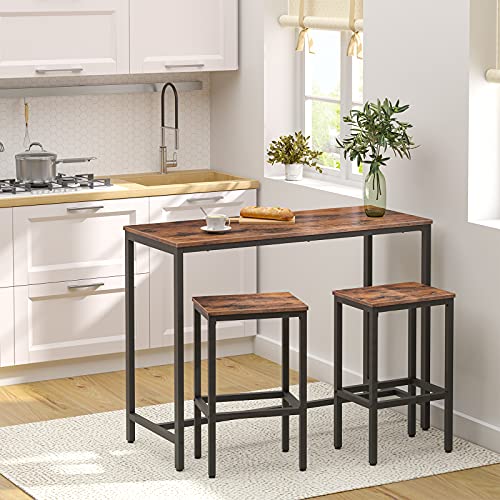 HOOBRO Bar Table and Chairs Set, 47.2” Rectangular Pub Bar Table and 2 Bar Stools, 3-Piece Breakfast Table Set for Kitchen Living Room, Dining Room, Sturdy Metal Frame, Rustic Brown BF52BT01