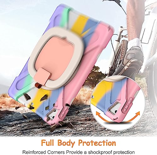 KENOBEE Case for iPad 9.7 6th/5th 2018/2017 / Air 2 / Pro 9.7, 360° Rotating Multi-Functional Handle-Kickstand Shockproof Cover Built-in Screen Protector & Shoulder Strap, Rainbow Pink