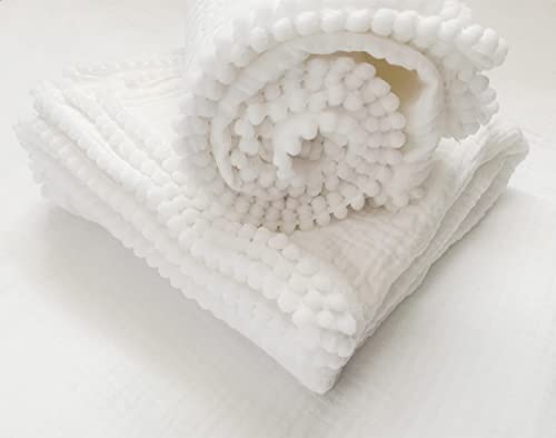 JH-YiSheng Cotton Muslin Pompom Baby Blanket,Summer Bed Sheet,Cotton Bath Towel Baby Receiving Blanket 29.5"x40" (White)