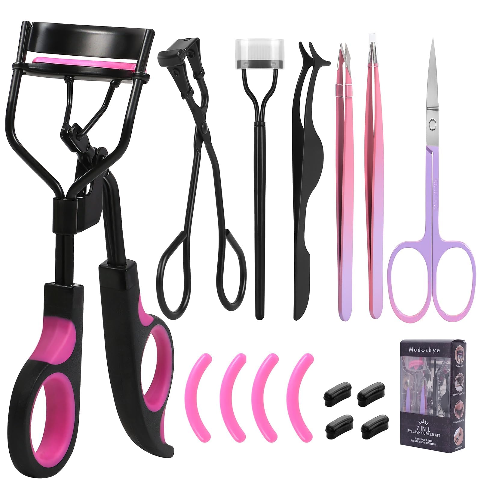 Eyelash Curler Eye Brow Kit, MODUSKYE 7 in 1 Eyelashes Curler with Replacement Refill Pads for Women, Partial Lash Curler Eyes Makeup Tools Long-Lasting Natural Lashes