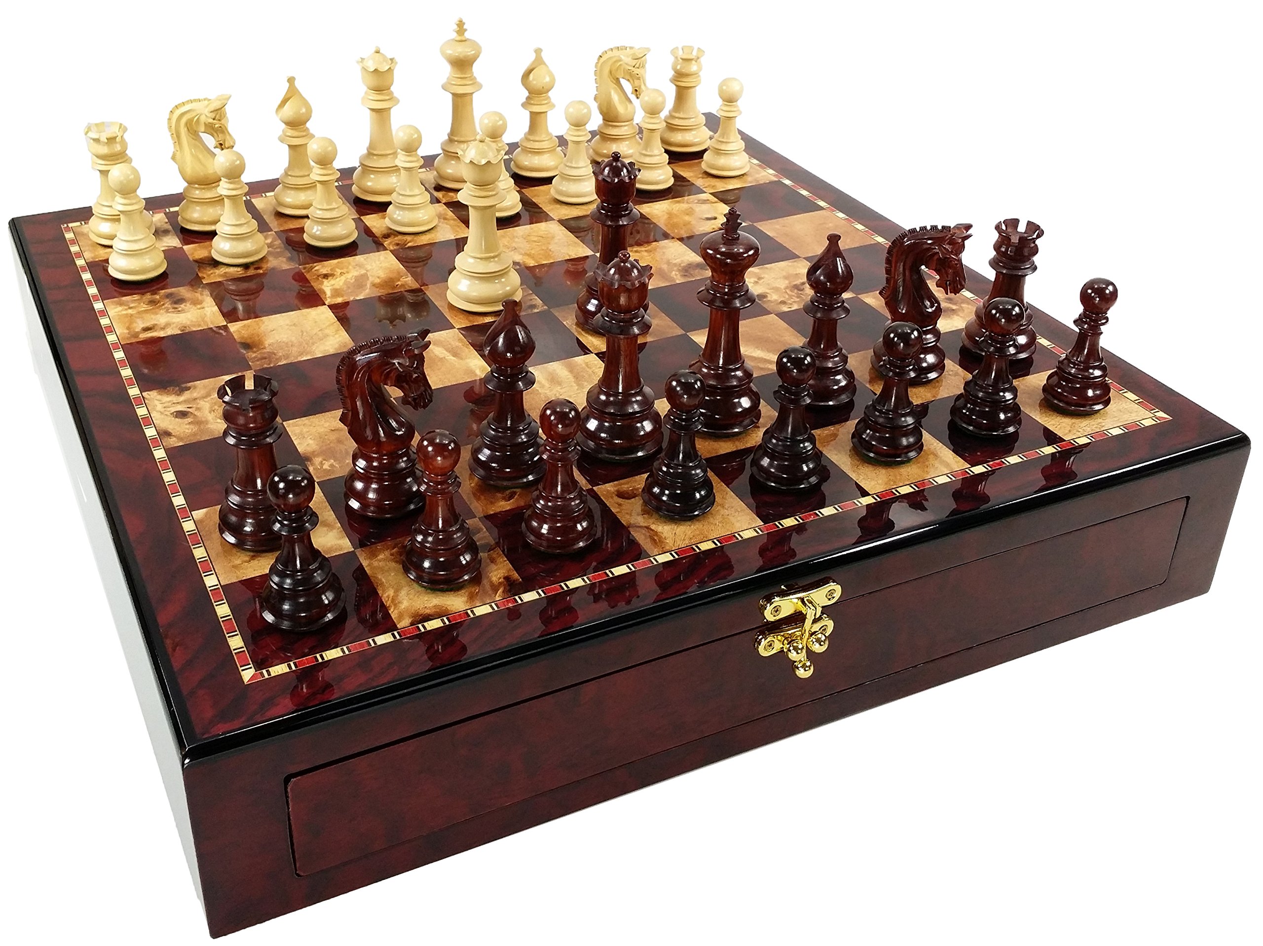 4 Queens - Large 4 3/8" King Staunton Luxury Bud Rosewood Chess Men Set W/ 20" Cherry Color Storage Board