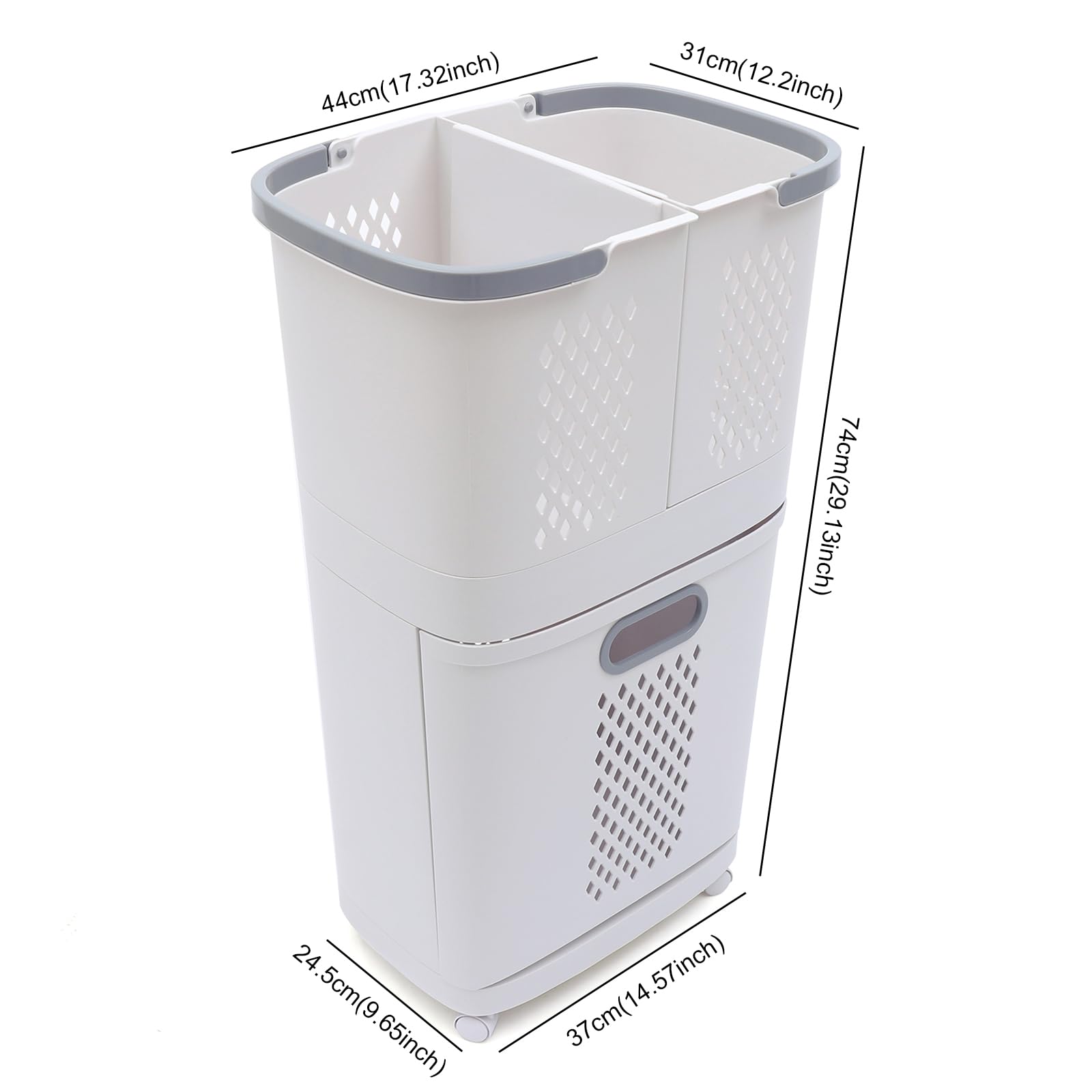 2 Tier Plastic Laundry Basket With Wheels,Movable Household Laundry Basket,Bathroom Clothes Storage Basket Cart,Floor-Standing Hand-Held Laundry Basket for Home,White