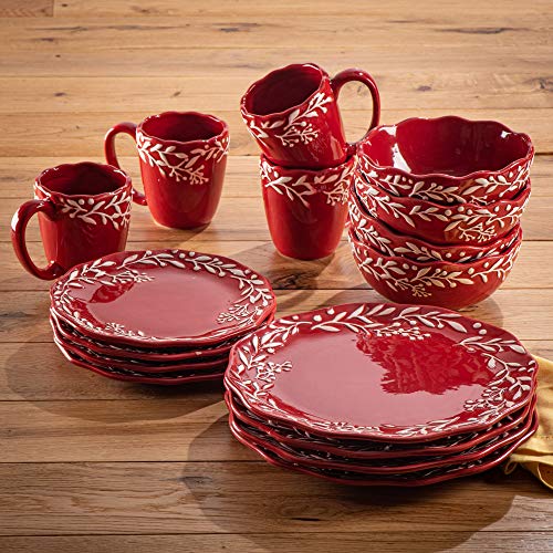 Bianca Mistletoe Holiday Round Dinnerware Set – 16-Piece Ceramic Dinner Party Collection w/ 4 Dinner Plates, 4 Salad Plates, 4 Bowls & 4 Mugs – Unique Gift Idea for Any Special Occasion, Red