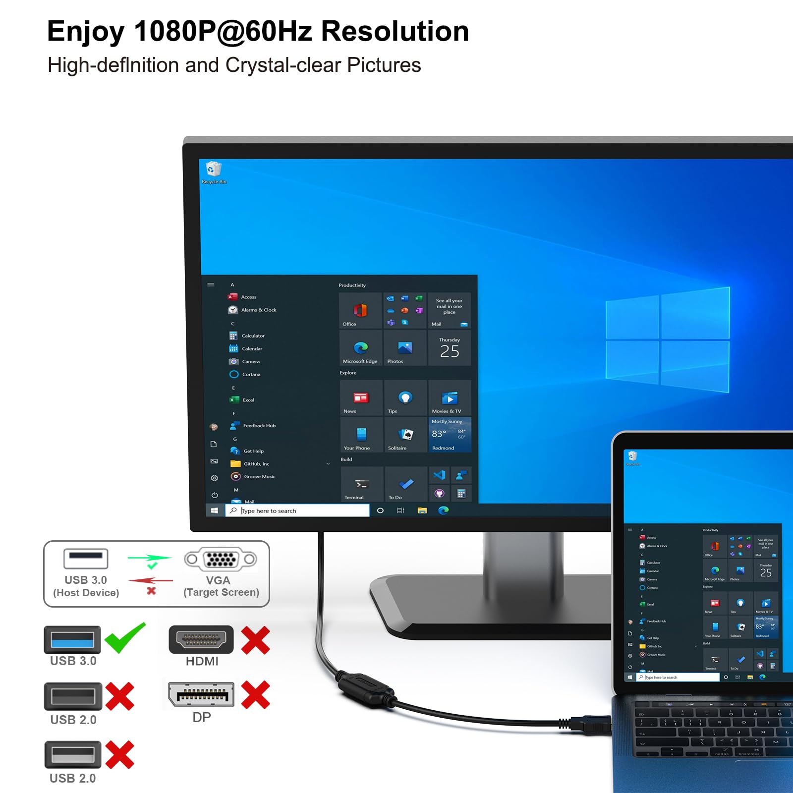BENFEI 6 Feet USB 3.0 to VGA Cable Male to Male, Uni-Directional USB to VGA for Windows 11, Windows 10, Windows 8.1, Windows 8, Windows 7(Not for Mac)