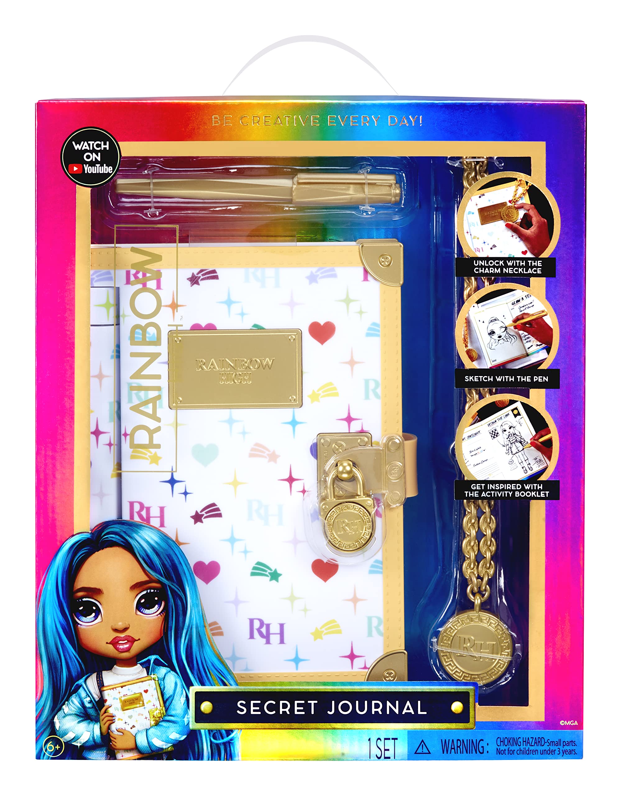 Rainbow High Secret Journal- Fashion Journal with Lock, Activity Book, Pen, and Necklace Charm to Unlock Your Creative Ideas, Kids 6-12 Years,Multicolor