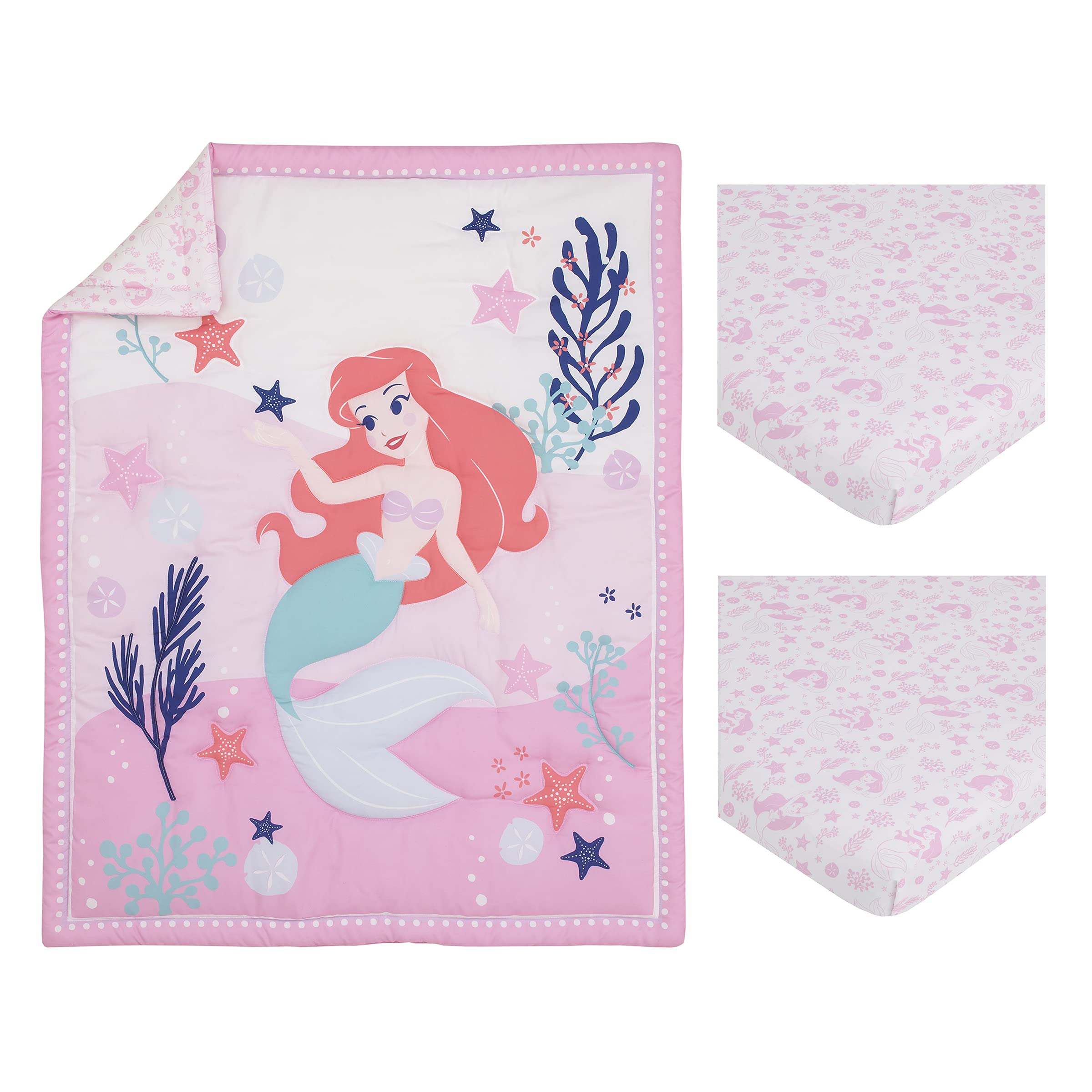 Disney The Little Mermaid Ariel Cute by Nature White & Pink Star Fish & Coral Reef 3Piece Nursery Mini Crib Bedding Set - Comforter & Two Fitted Mini Crib Sheets, Pink, Aqua, Lavender, White