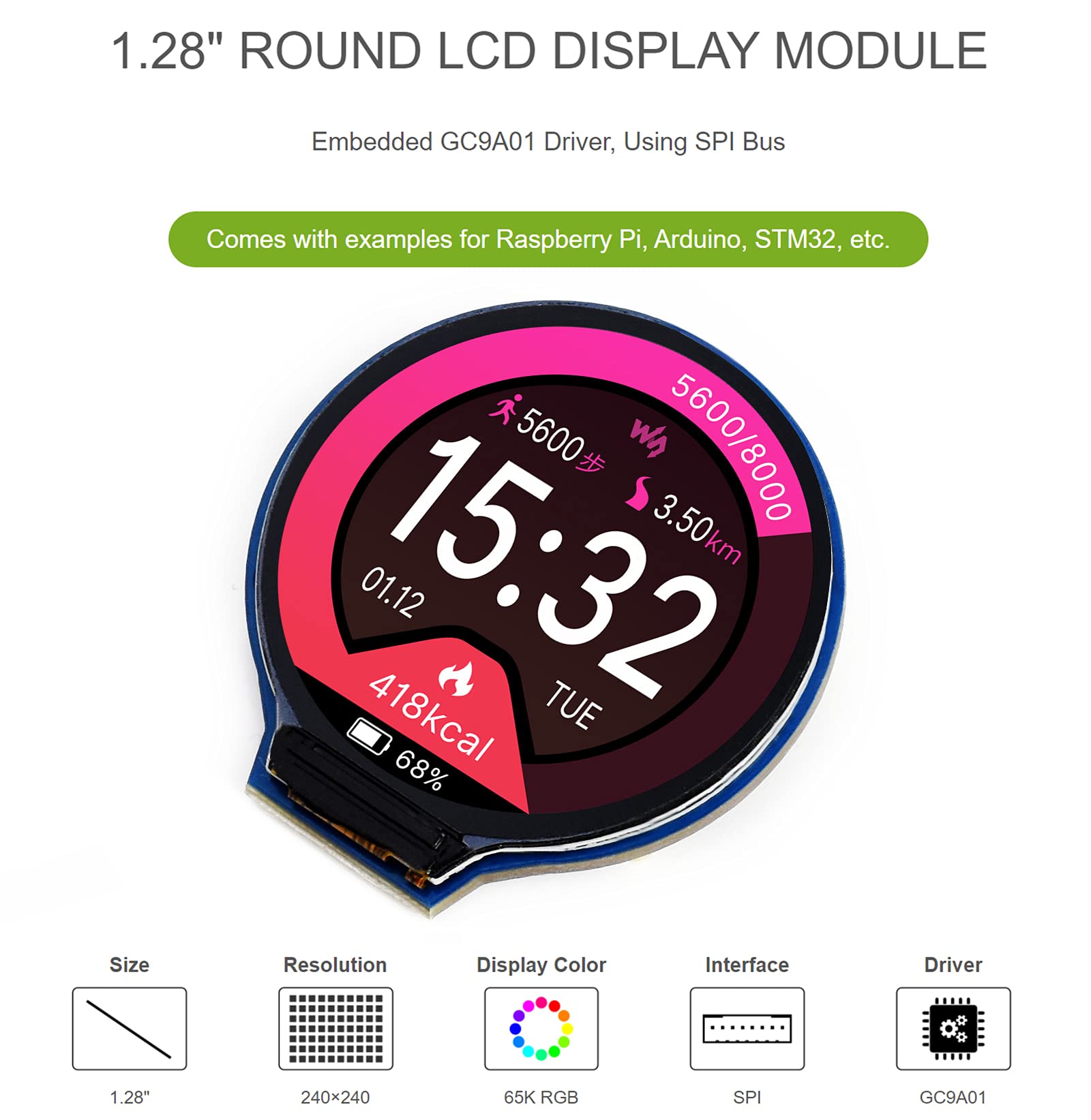 waveshare 1.28 inch Round LCD Display for Arduino/Jetson Nano/Raspberry Pi/STM32, 240×240 IPS Screen Monitor 65K RGB Colors, Using SPI Bus, Embedded GC9A01 Driver