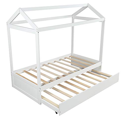 House Bed with Trundle for Kids and Toddlers, Wood Twin Size House Bed Frame, Can Be Decorated, White