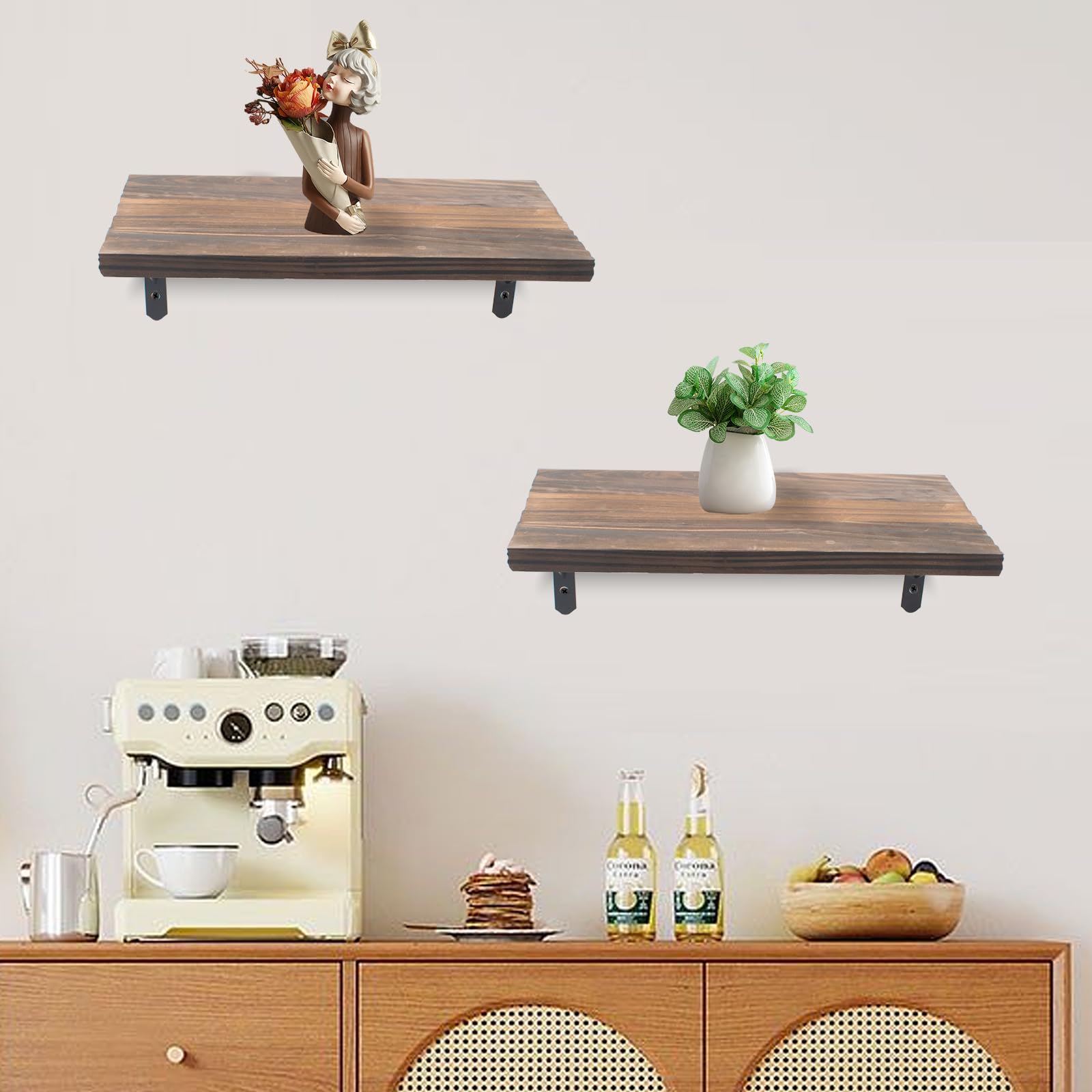 3 Sets Wood Floating Shelves for Wall Decor, Rustic Wood Shelves for Wall Storage, Wall Mounted 11.4 Inch Wooden Display Shelf Carbonized Wall Shelves for Bathroom Bedroom Kitchen Living Room Garage