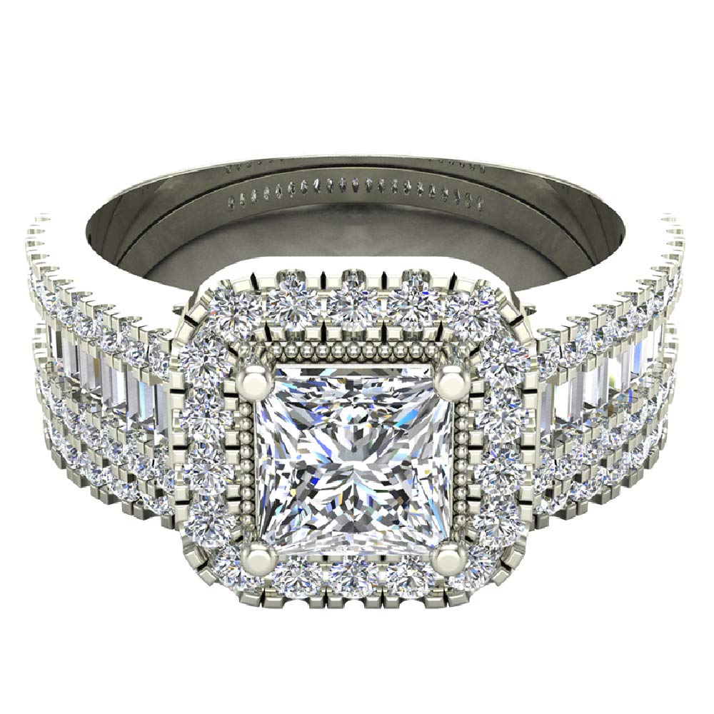 14K Solid White Gold Princess Cushion Halo Diamond Wedding Ring Set (RS 8)