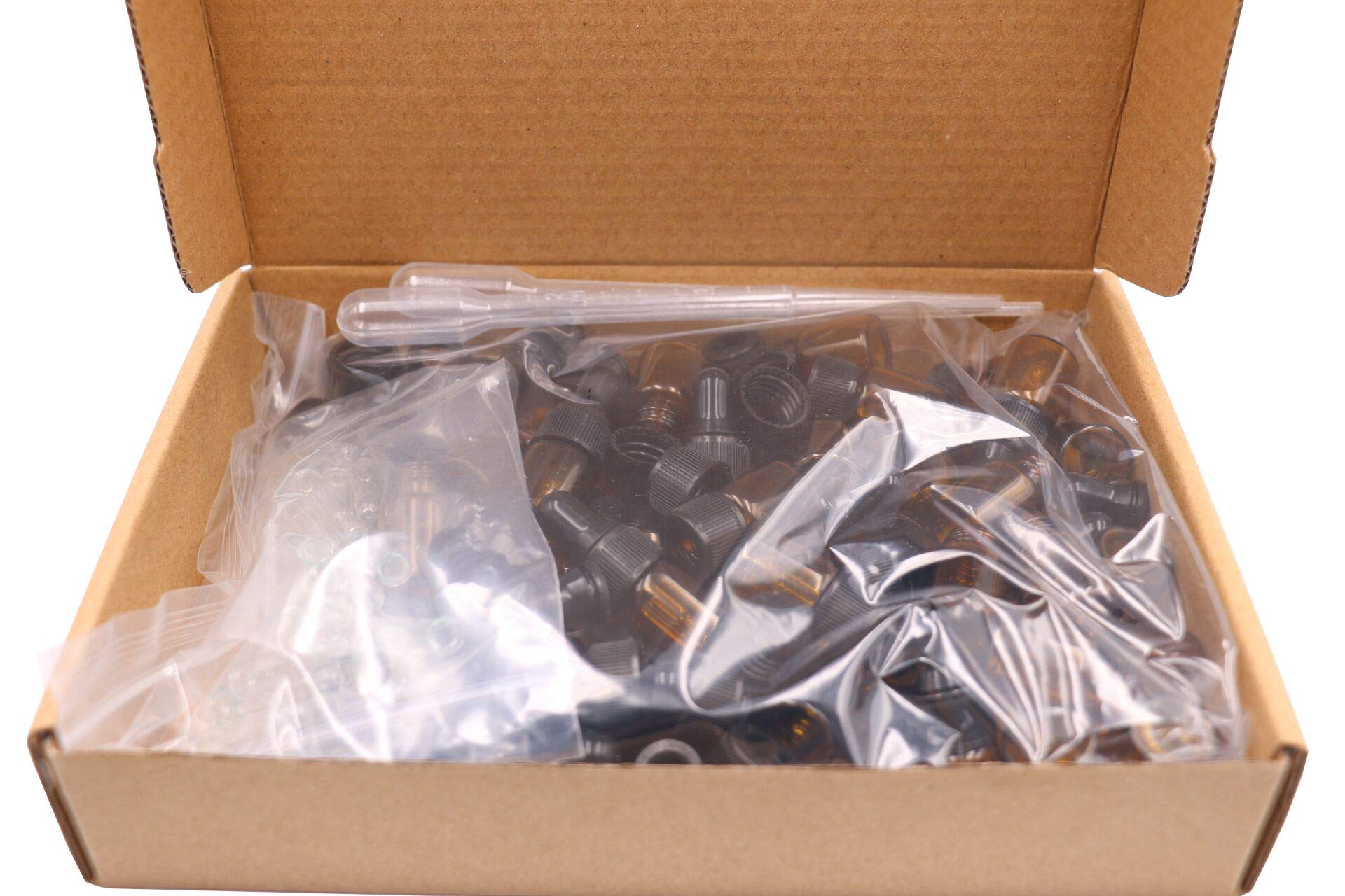 50Pcs 2ml Amber Glass Dropping Bottles Mini Essential Oil Dropper Bottles Empty Travel Perfume Sample Vials Containers with Glass Eye Dropper and Cap in Box(2 Droppers Included)