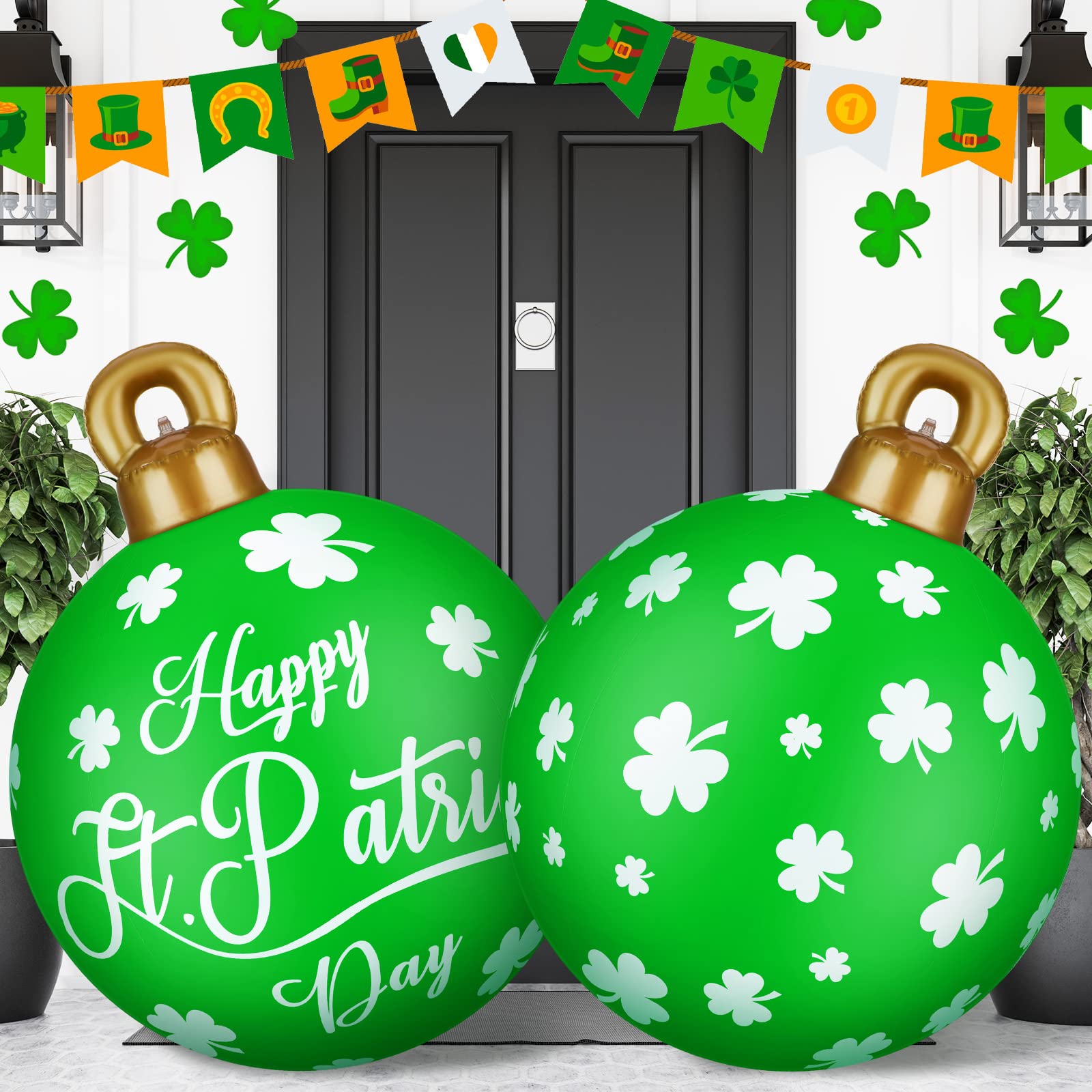 2 Pcs 32 Inch Giant PVC Inflatable Balls Saint Patrick's Day Decorated Ornament Balls Inflatable Outdoor Large Saint Patrick's Day Blow up Ball Decorations for Outside Holiday Yard Lawn Tree Decor