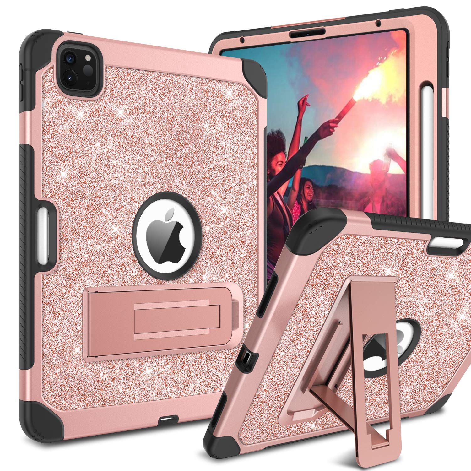 BENTOBEN iPad Air 5th/4th Generation Case, iPad Pro 11 Case, Glitter Sparkly 3 Layer Heavy Duty Shockproof Kickstand Faux Leather with Pencil Holder Protective Tablet Case Cover, Rose Gold
