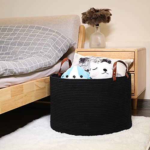 Cotton Rope Basket XXL Blanket Basket for Blankets Large Woven Storage Basket Round Rope Basket Black Toy Basket Woven Laundry Basket with Real Leather Handle, 20''X20''X13''