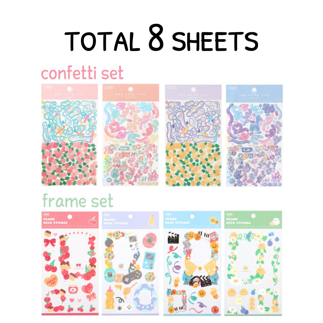 Cute Essential Kawaii Aesthetic Stationery Sticker Pack - 8 Sheets (258+ Stickers) - for Planners, journals, scrapbooks, Gifts, Kpop photocards, polocos, Frame, Removable, Confetti, Flowers, Bubble