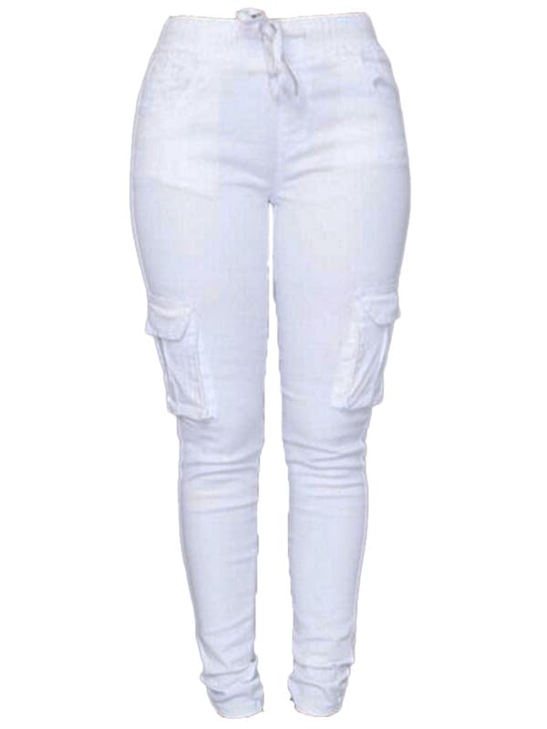 Andongnywell Womens Casual Stretch Drawstring Skinny Pants Cargo Jogger Pants High Waist Tie Butt Lift Pant with Pockets (White,X-Large)