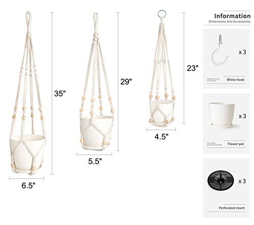 Mkono 3 Pack Macrame Plant Hangers with Pots, 35"/29"/23" Indoor Different Size Hanging Planter Basket Flower Pot Holder with Saucers & Hooks No Tassels (Plastic Flower Pots Included), Medium, Ivory