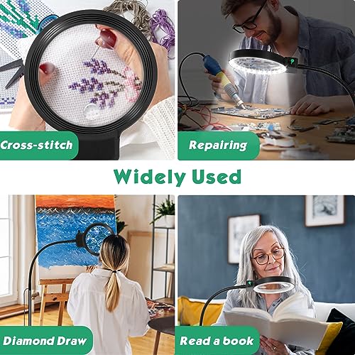 10X 5X Floor Magnifying Glass with Light and Stand,36 LED Flexible Gooseneck Magnifying Lamp, Adjustable Brightness Large Lighted Magnifiers for Reading,Sewing,Crafts,Painting,DIY,Close Work,Repair