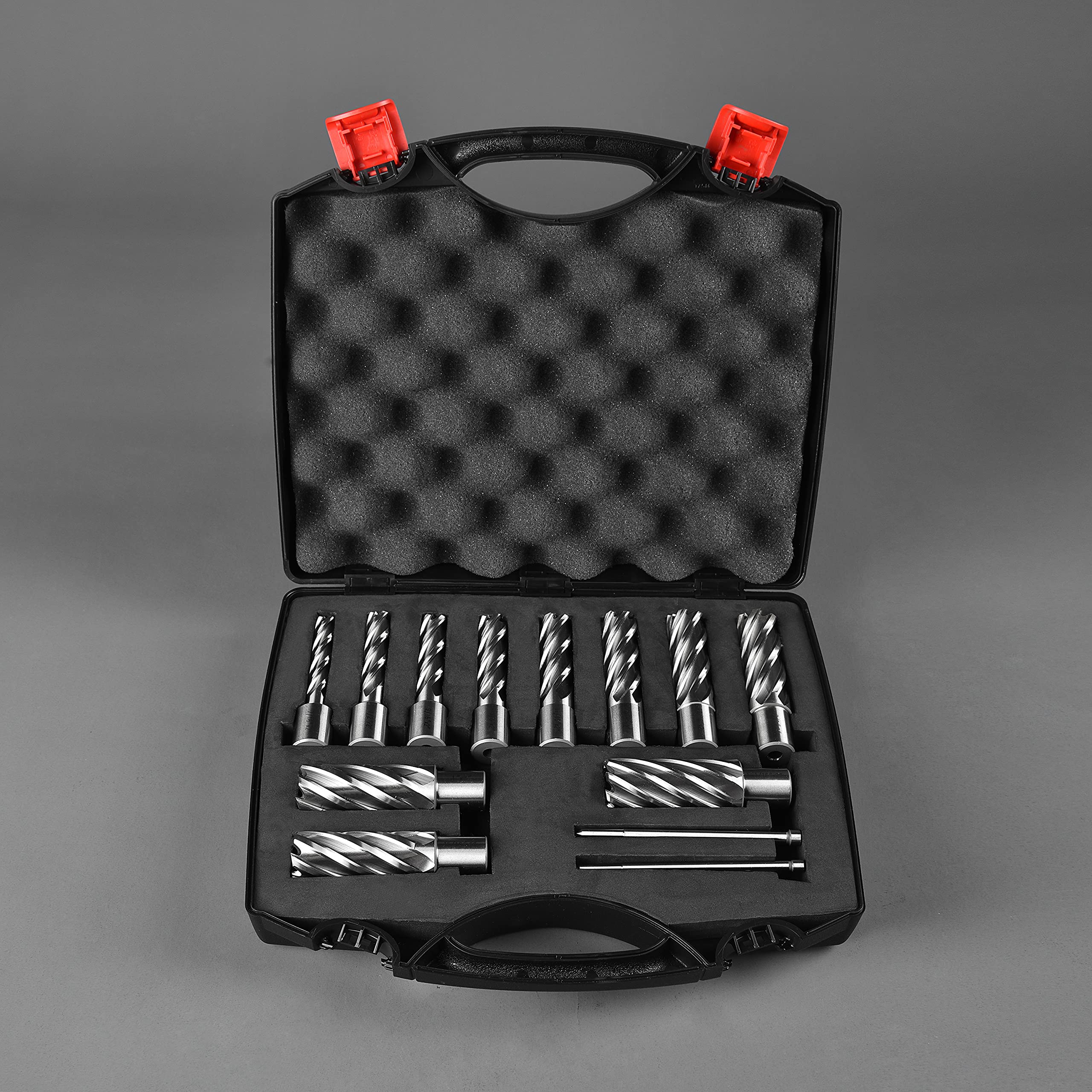 Annular Cutter Set 13 pcs JESTUOUS 3/4 Inch Weldon Shank 2 Cutting Depth and Cutting Diameter from 7/16 to 1-1/16 for Drill Press HSS Standard Kit Two Flat with 2 Pilot Pins