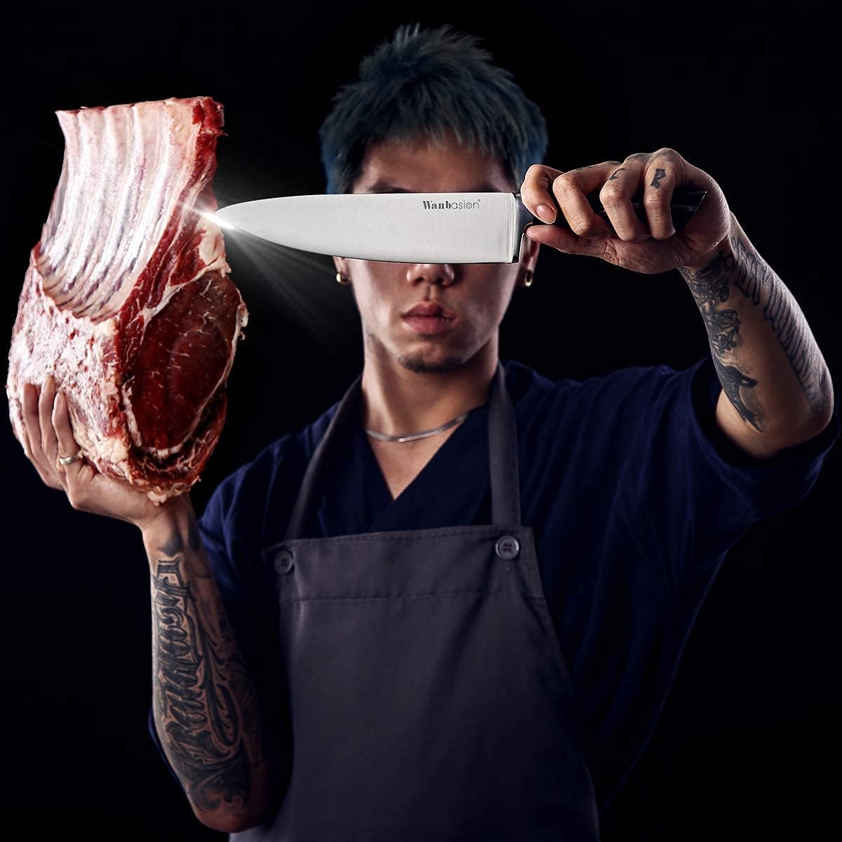 Wanbasion Chef Knife Professional 8 inch, Stainless Steel Kitchen Knife with Finger Guard, Sharp Knife for Cutting Meat