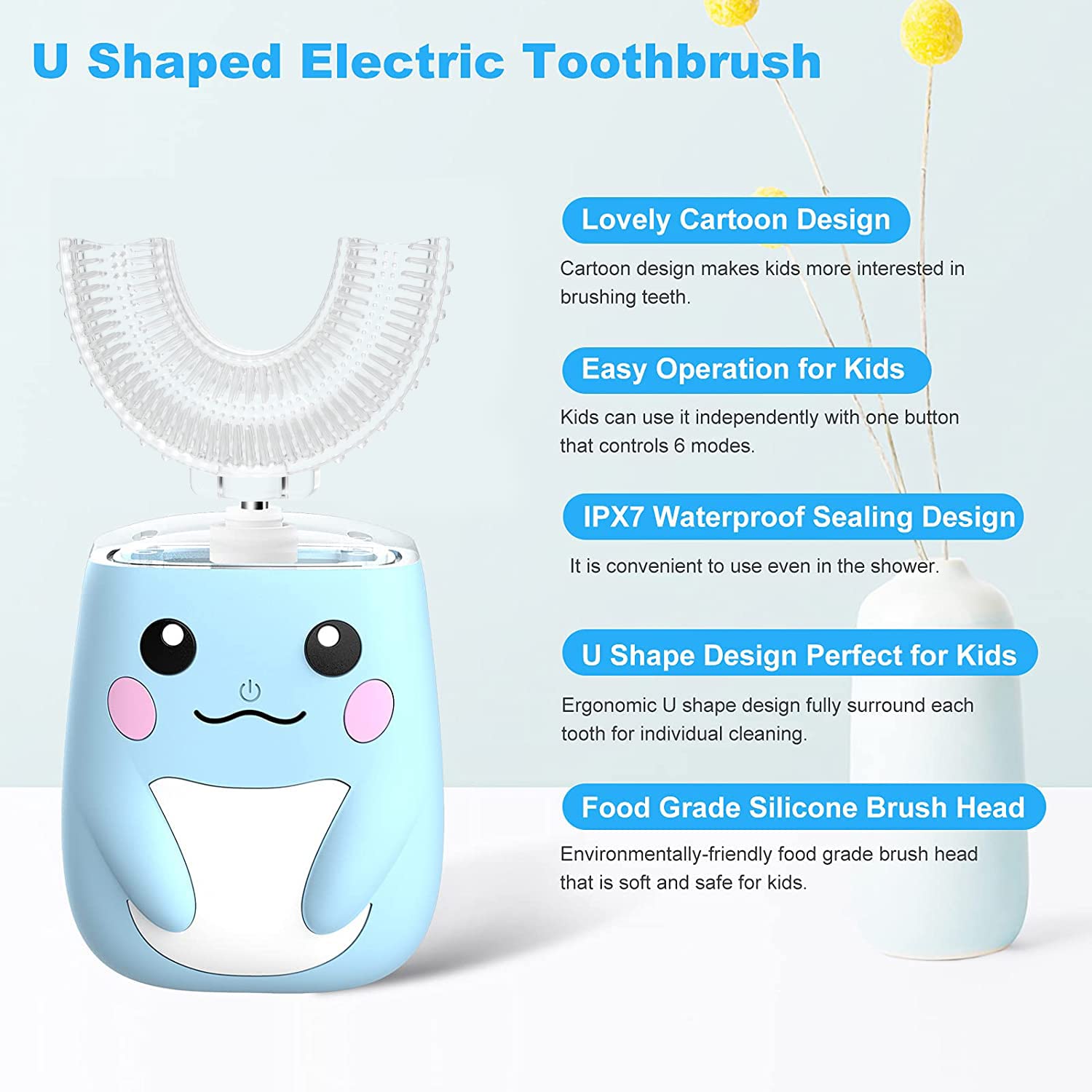 Kids Electric Toothbrush, U Shaped Ultrasonic Automatic Tooth Brush,Toothbrush with 2 Brush Heads,Six Cleaning Modes,IPX7 Waterproof,Cartoon Modeling Design for Toddler Children, Age 2-7 Blue¡