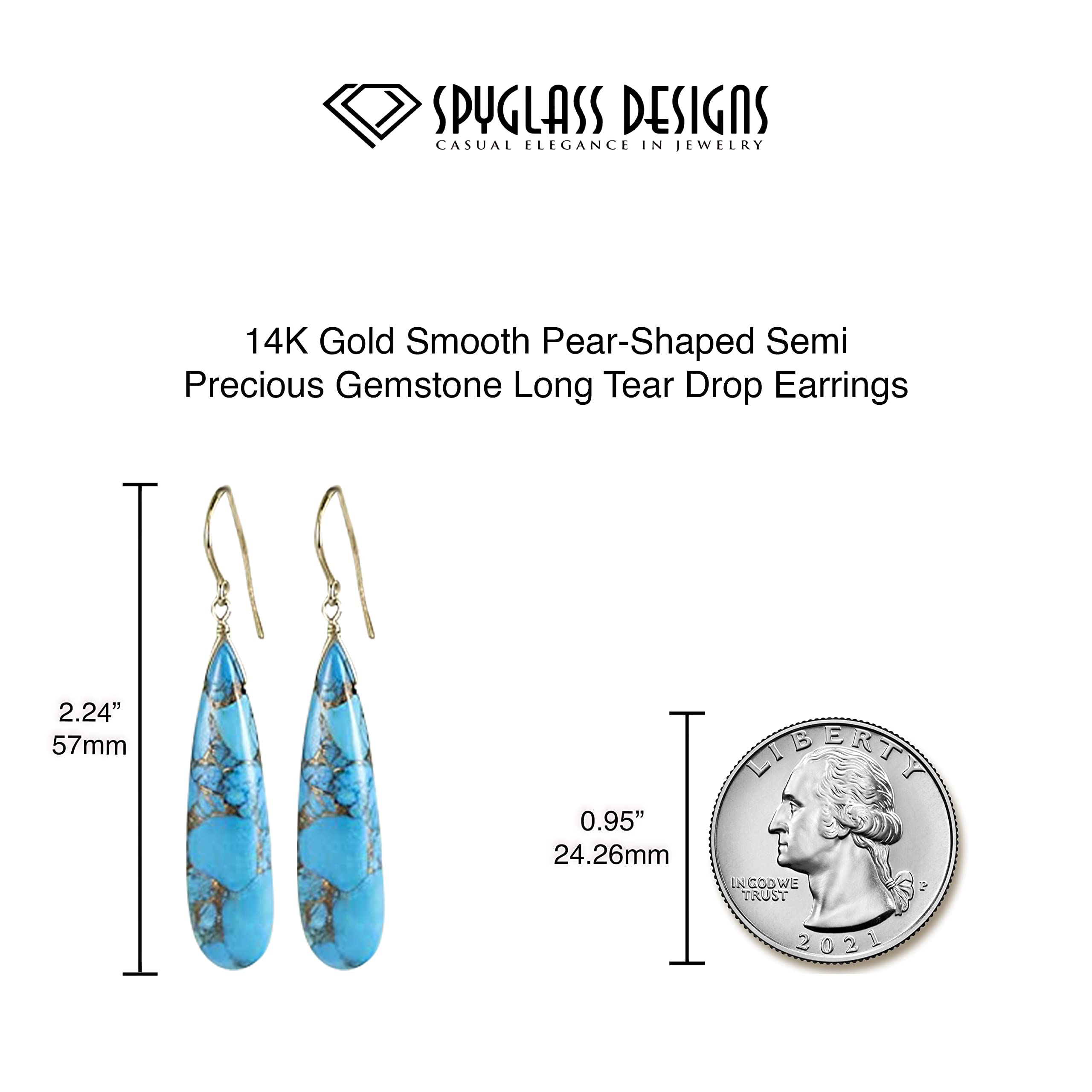 14K Yellow Gold Blue Turquoise 2-1.4" Earrings with Coppery Mosaic Veining Long Large Simple Dangle Drops
