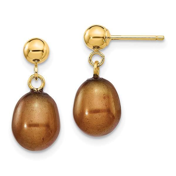 14K Yellow Gold 7mm Brown Rice Freshwater Cultured Pearl Drop Dangle Earrings