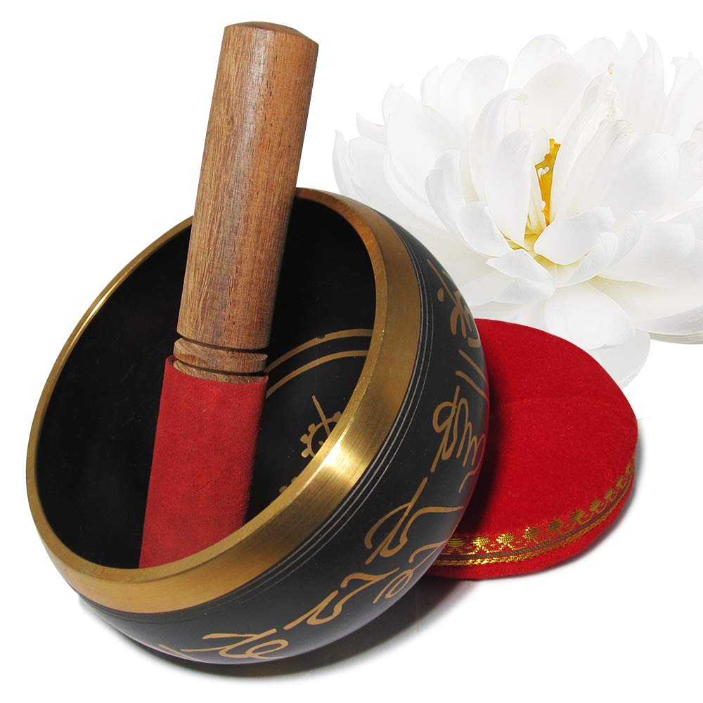 3"x5" Om Maa Padme Black & Gold Painted Tibetan Handmade Buddhist Singing Bowl Set & Wooden Striker, Great For Mindfulness Meditation, Relaxation Anxiety Relief, Chakra Healing, Perfect Spiritual Gift