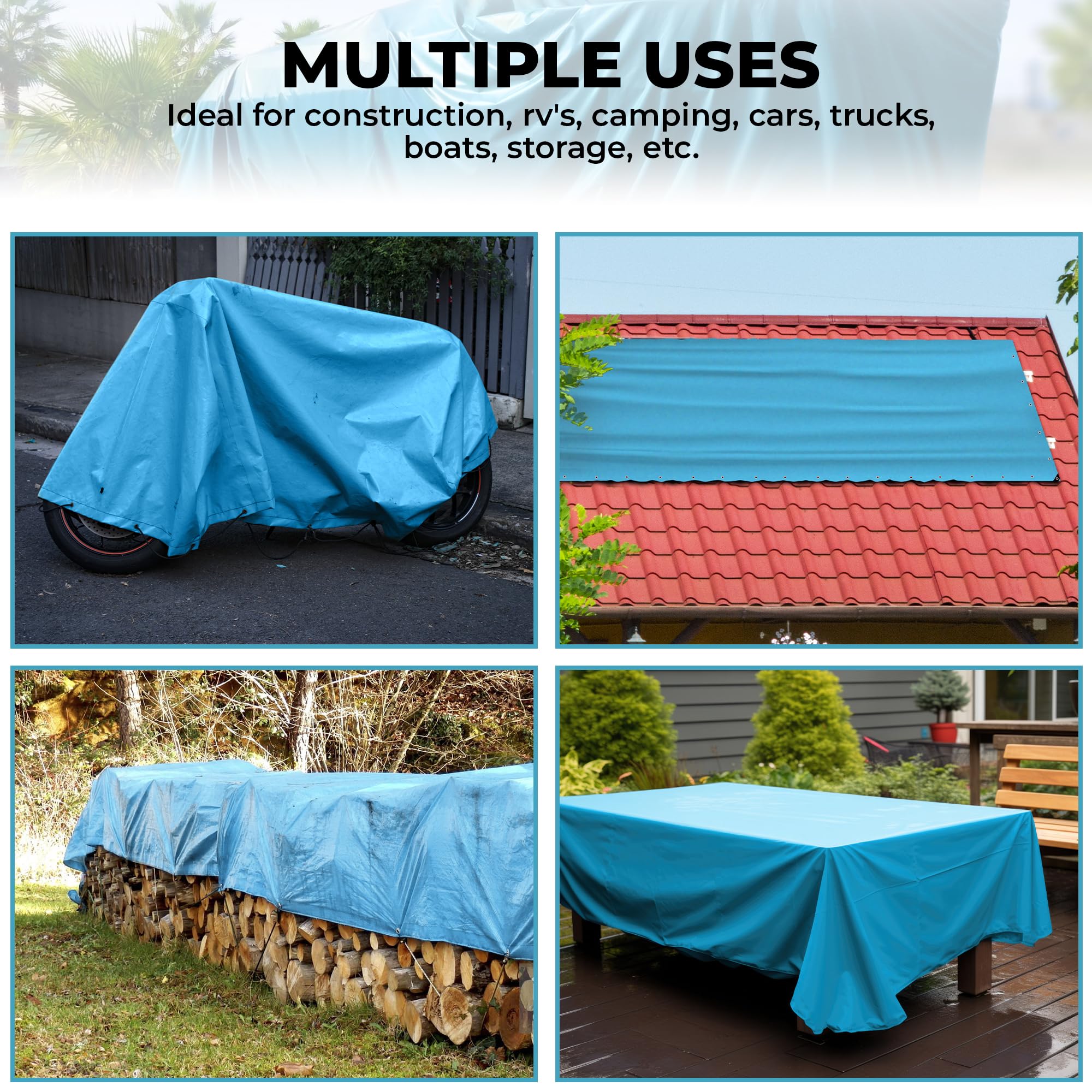 10x12 Heavy Duty Tarp Waterproof - 12 mil Thick Pool Tarp Cover - 10x12 Tarp UV Resistant, Rip & Tear Proof with Metal Grommets β Blue Tarp Multipurpose Use for Camping, Tent, Boat, RV, Car