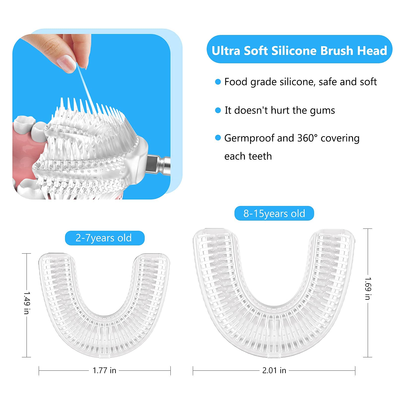 Kids U Shaped Electric Toothbrush U Shaped Automatic Toothbrushes 360° Cleaning with Six Smart Modes Auto Whitening Toothbrush IPX7 Waterproof Design for Toddler Children (2-7 Age (Blue))