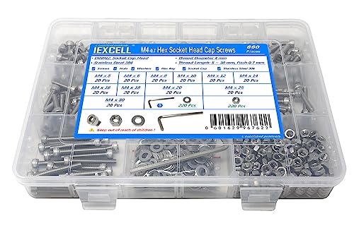 iexcell 660 Pcs M4 x 5/6/8/10/12/14/16/18/20/25/30 Stainless Steel 304 Hex Socket Head Cap Screws Bolts Nuts Washers Assortment Kit