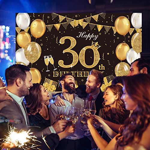 30th Birthday Party Decoration, Extra Large Black and Gold Sign Poster 30th Birthday Party Supplies, 30th Anniversary Backdrop Banner Photo Booth Backdrop Background Banner