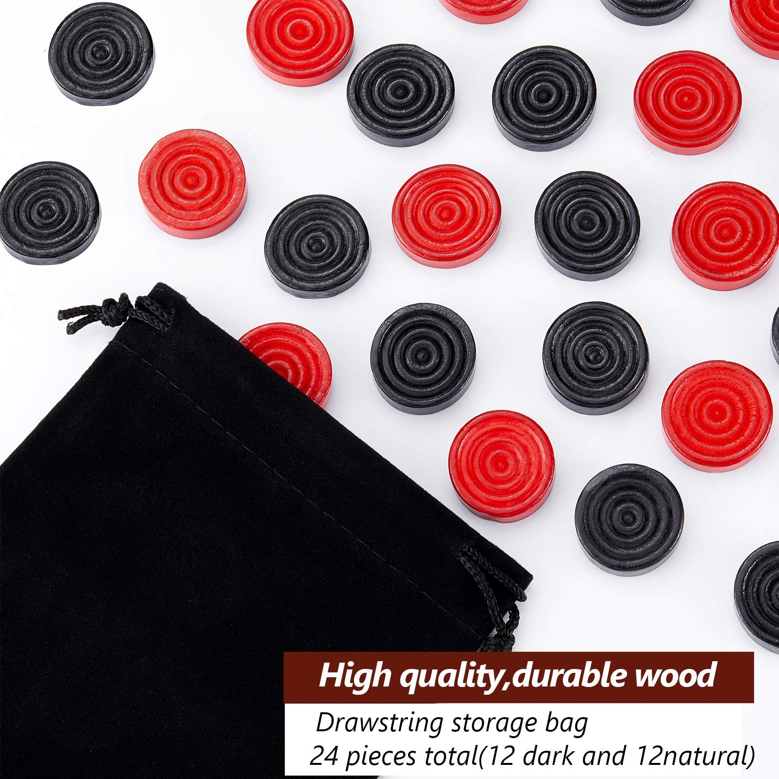24 Pieces Wooden Checkers 1.06 Inch Checkers Board Game Pieces Stackable Ridge in Drawstring Storage Pouch for Checkers Game, Red and Black
