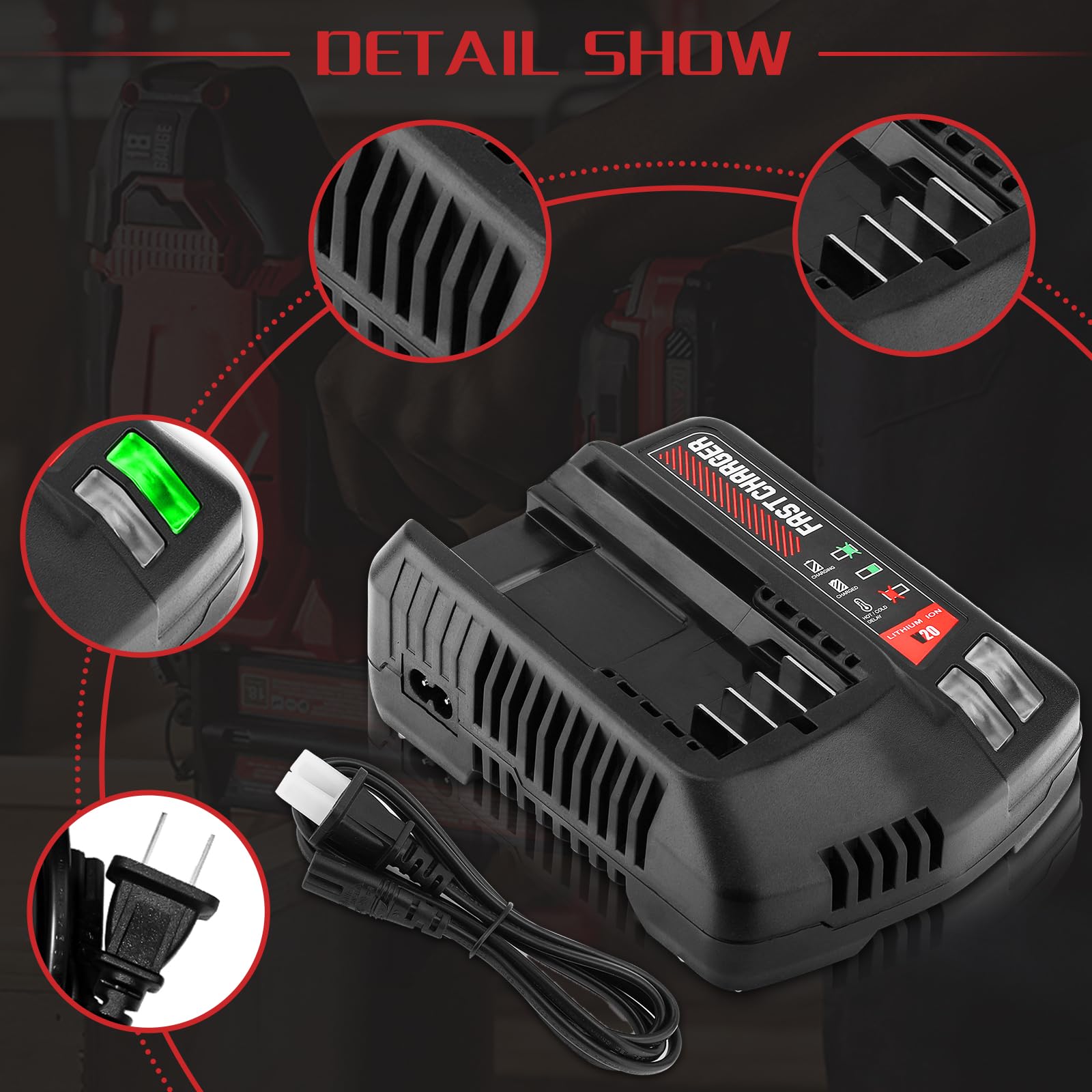 2 Packs 20V 3.0Ah V20 Lithium ion Replacement Battery and CMCB104 Charger Compatible with Craftsman 20 Volt Battery MAX CMCB205 CMCB204 CMCB206 CMCB202 CMCB201 20 Volt Cordless Power Tools (Red)