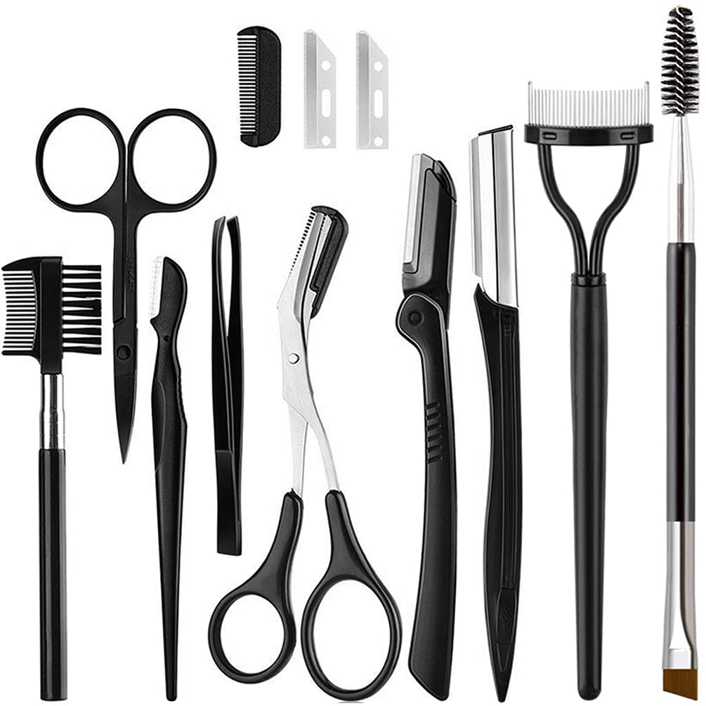 KINGMAS Eyebrow Razor, 9 in 1 Eyebrow Kit, Face Razors Facial Trimmer Shaver, Eyelash Comb, Angled Eyebrow Brush, Grooming Scissors, Tweezers for Women