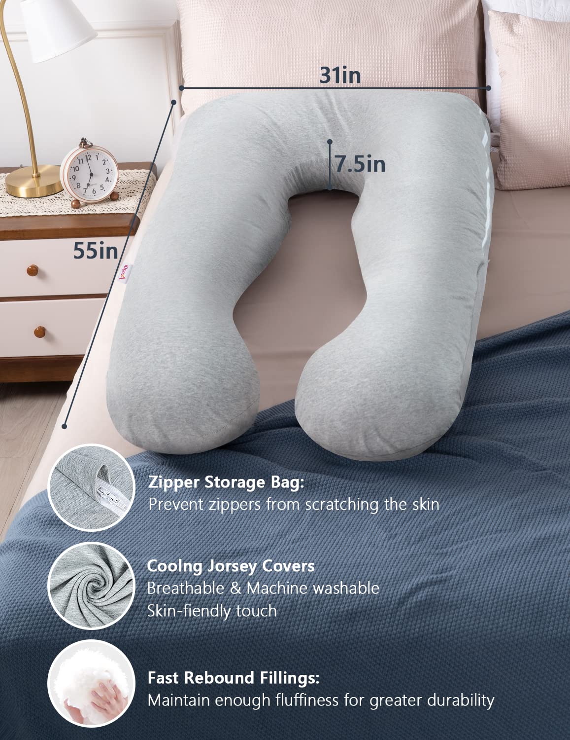 AngQi Pregnancy Pillows Cooling for Sleeping - Maternity Body Pillow for Pregnant Women - with Cool Jersey Cover